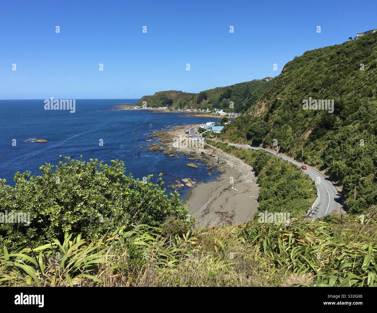Windy road road trip New Zealand hike summit view Stock Photo - Alamy