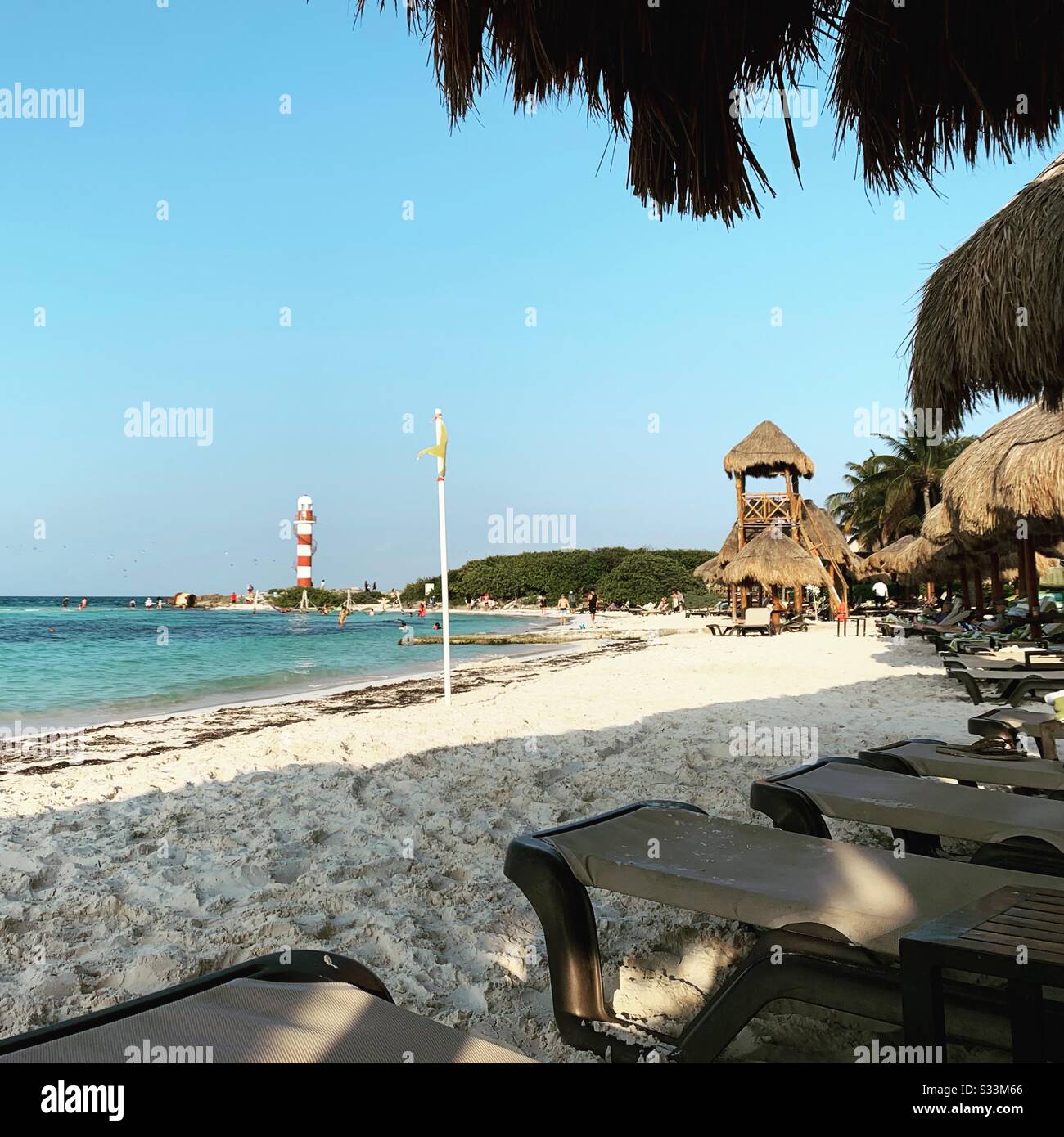 Shaded lounge chairs at one of the two Hyatt Ziva beaches, Cancun ...