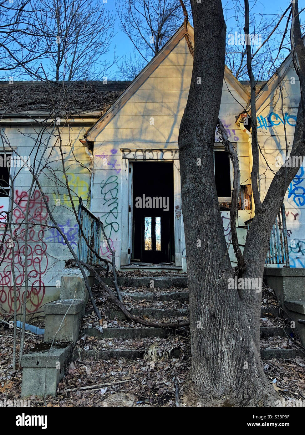 Abandoned house with missing windows and doors, covered with spray ...