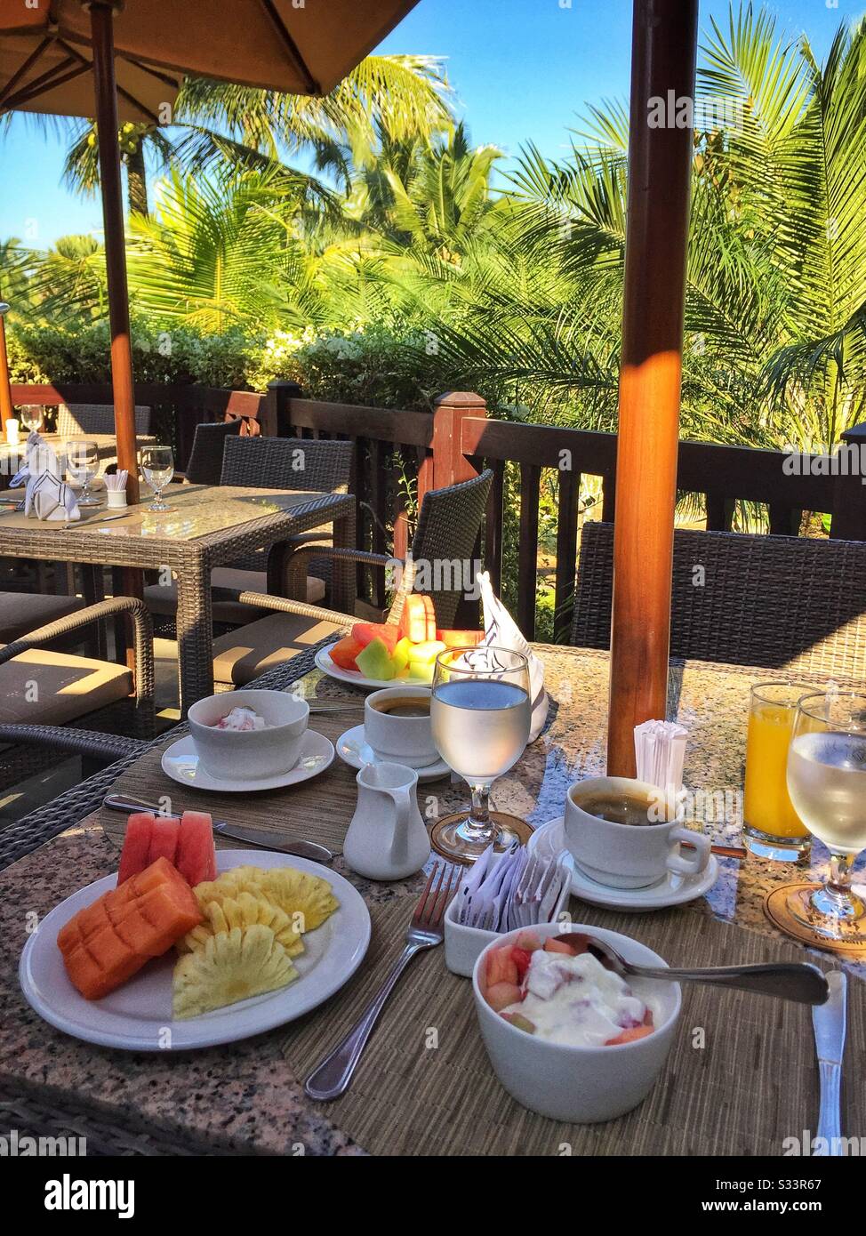 Breakfast on the terrace at Mason Elephant Safari Park & Lodge, Taro ...