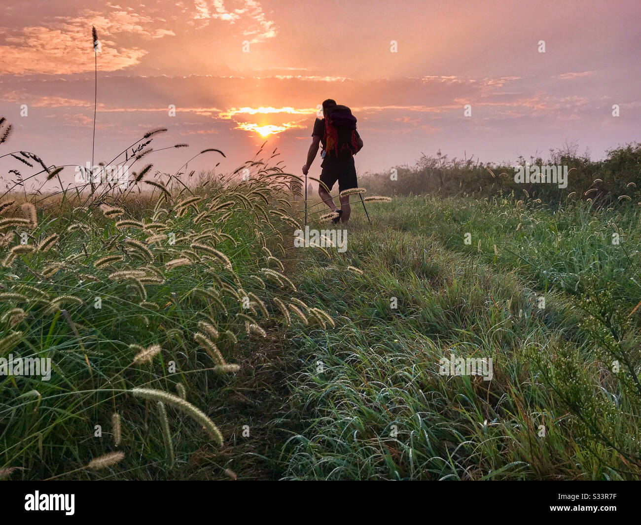 A single hiker walking towards a stunningly beautiful sunrise through a ...