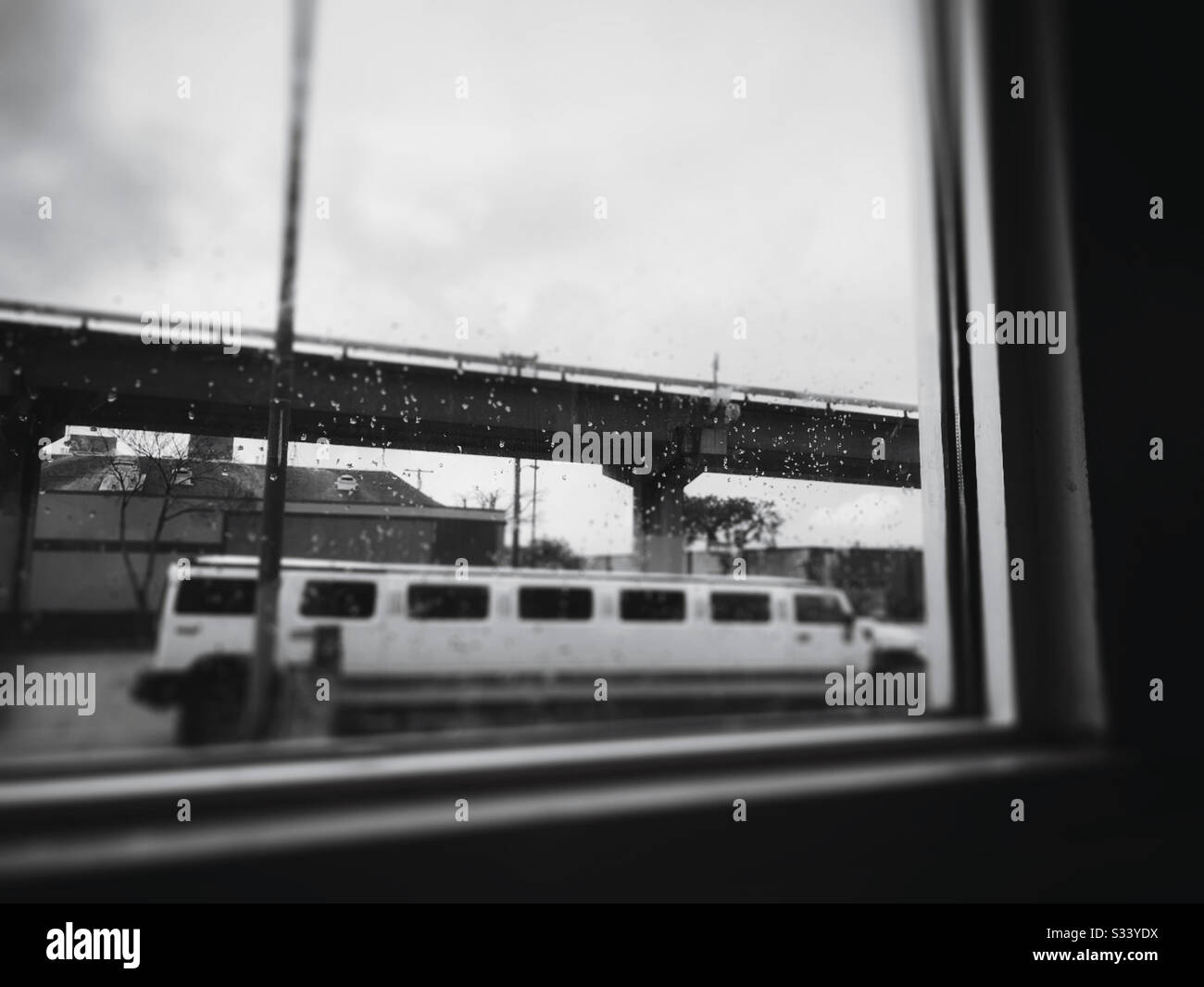 Looking out from the glass window on a rainy morning, there is a very ...