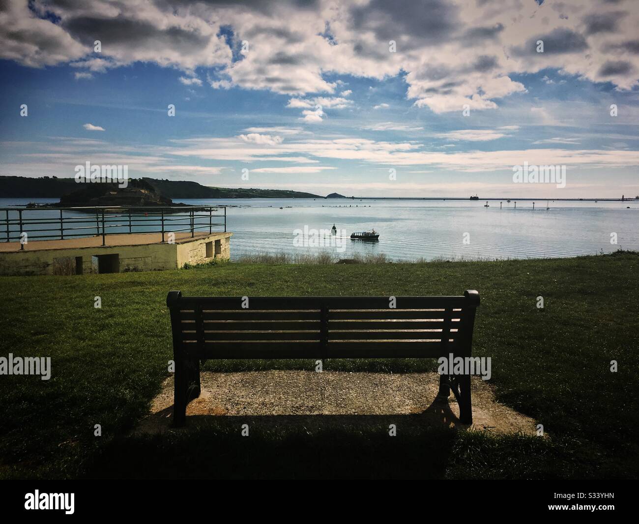 Bench overlooking Plymouth Sound, Uk Stock Photo - Alamy