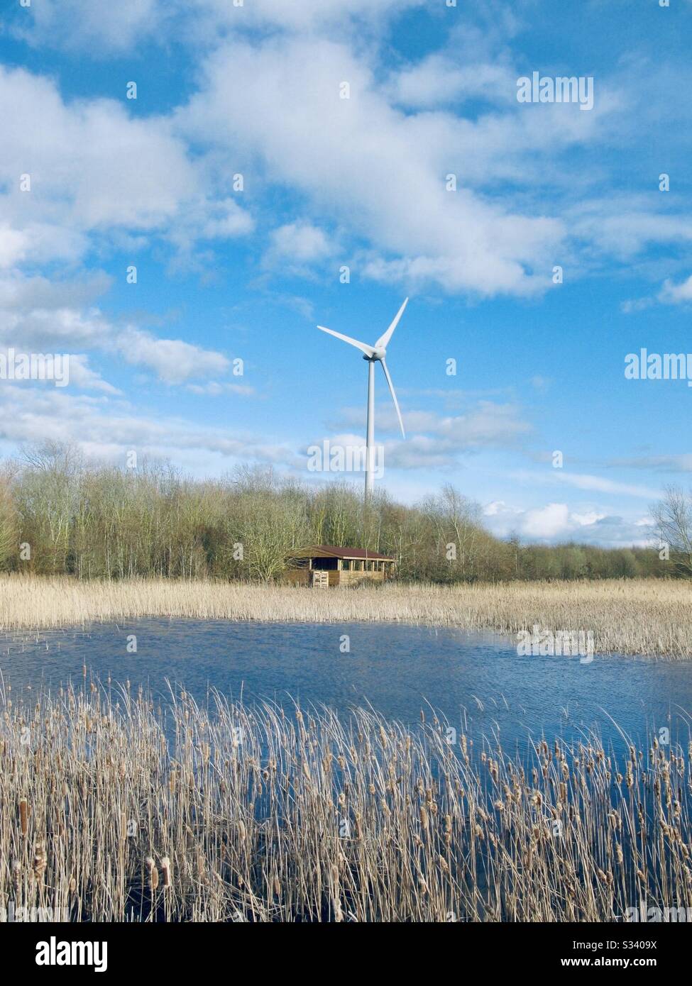 Wind Turbine overlooking lake in Nature Reserve Stock Photo - Alamy