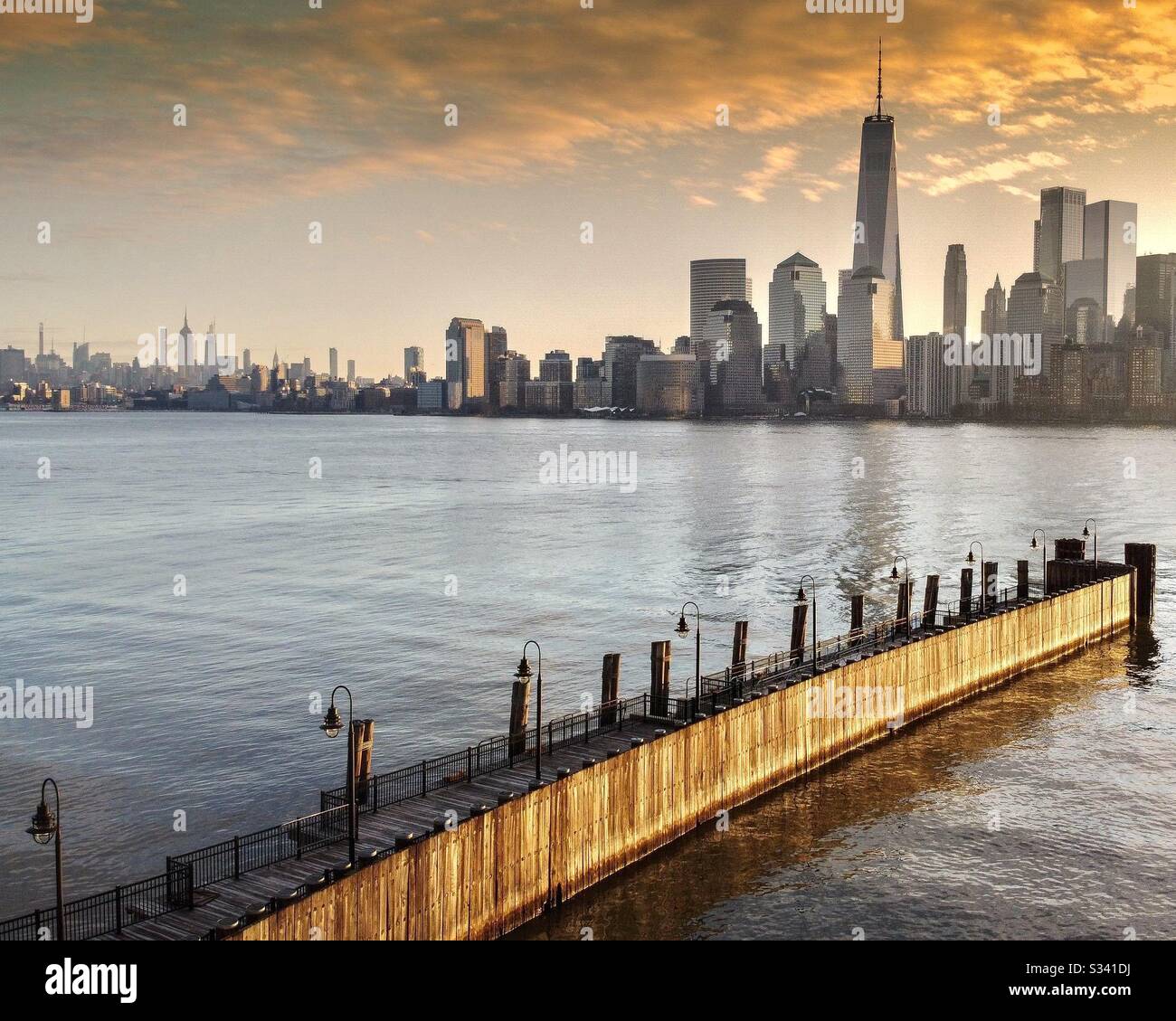 New York City skyline with freedom tower in the background and long ...