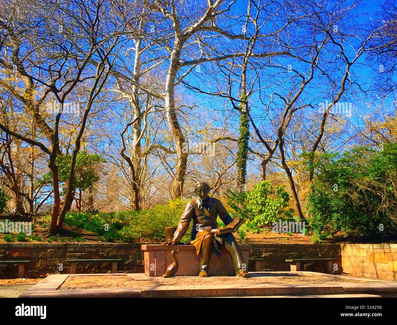 The Hans Christian Andersen statue is located near the small boat pond ...