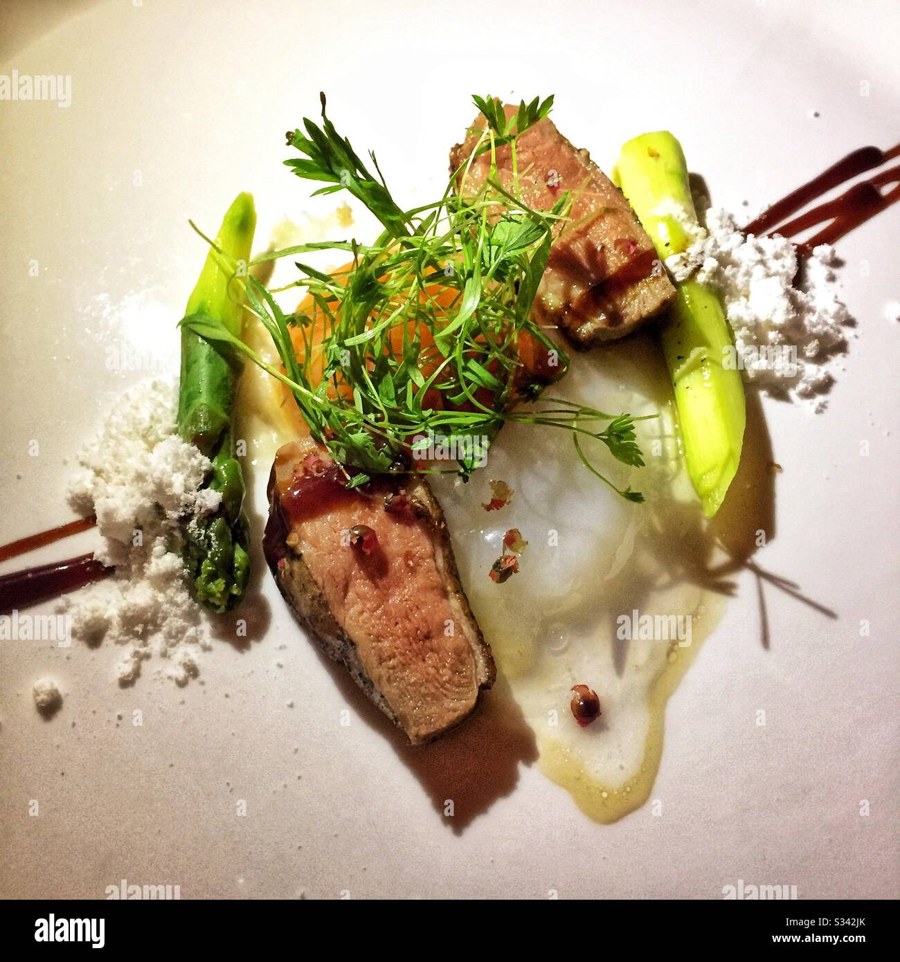 Crusted Duck with 5 spices, poached asparagus, duck egg sous vide, pink ...