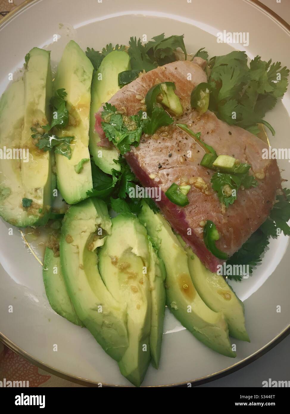 A gourmet entrée of seared tuna and avocados on a bed of cilantro Stock ...