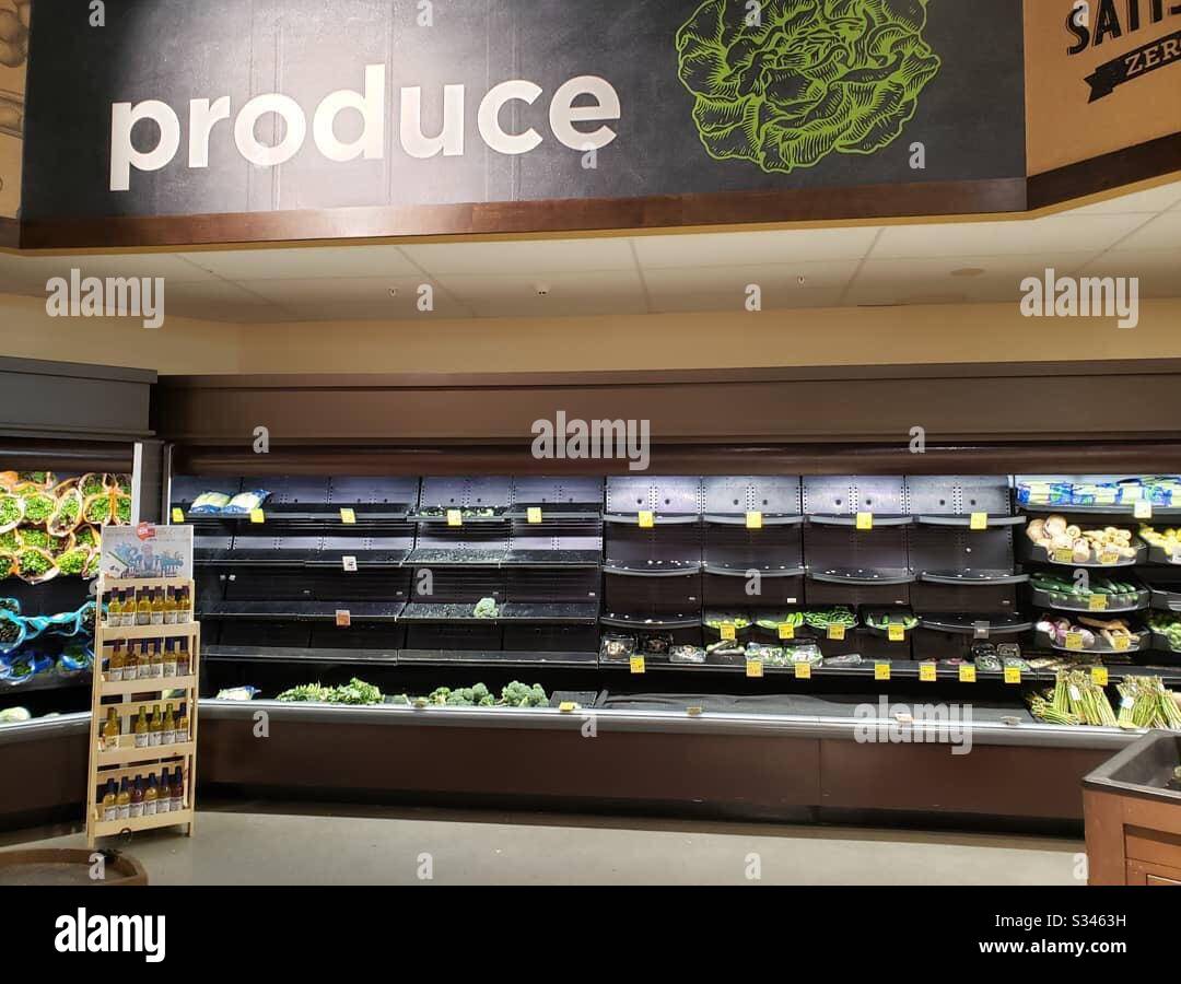Vegetables (produce) shelf is nearly empty at a grocery store due to ...