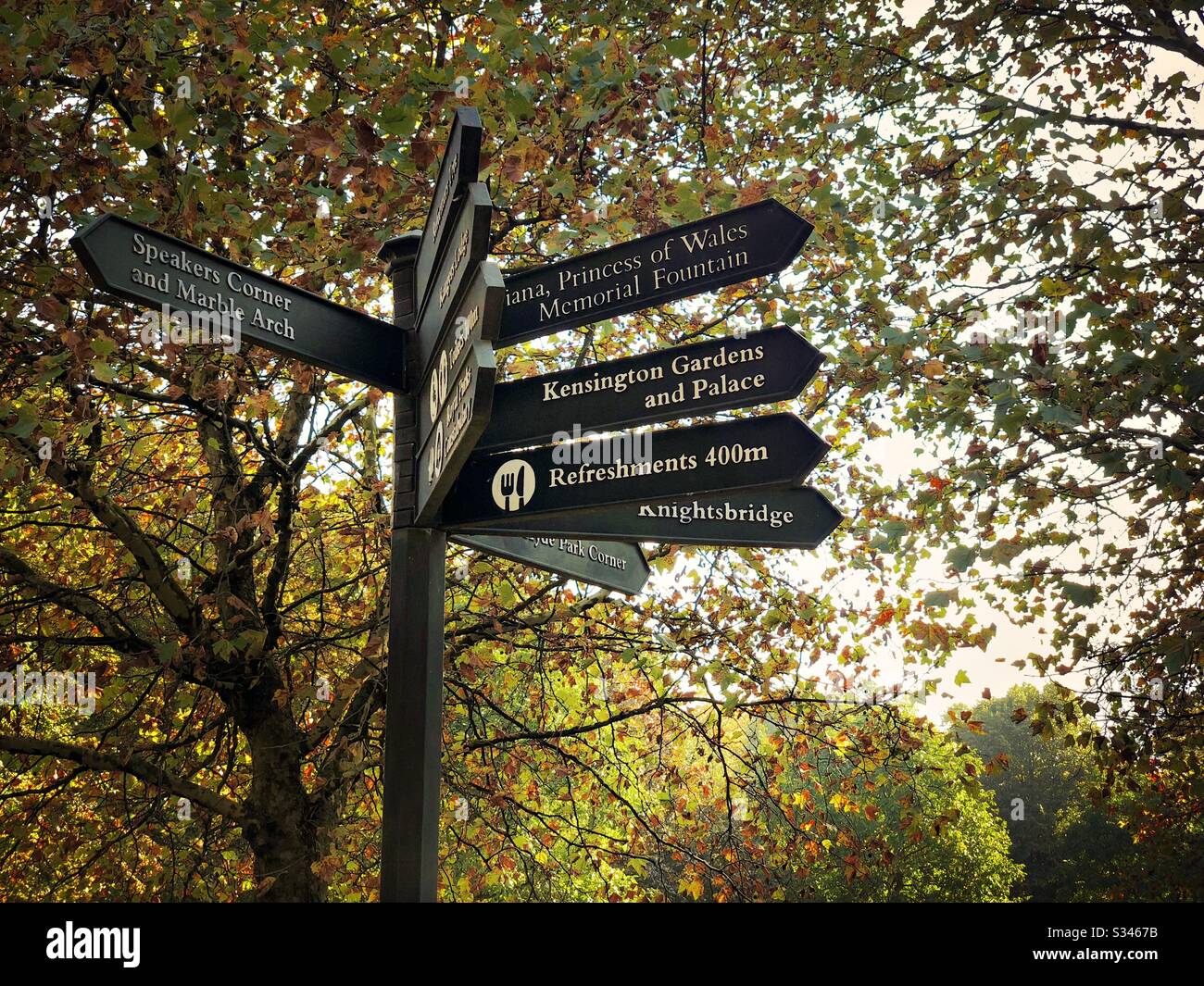 Fingerpost directional sign showing city landmarks in Hyde Park, London ...