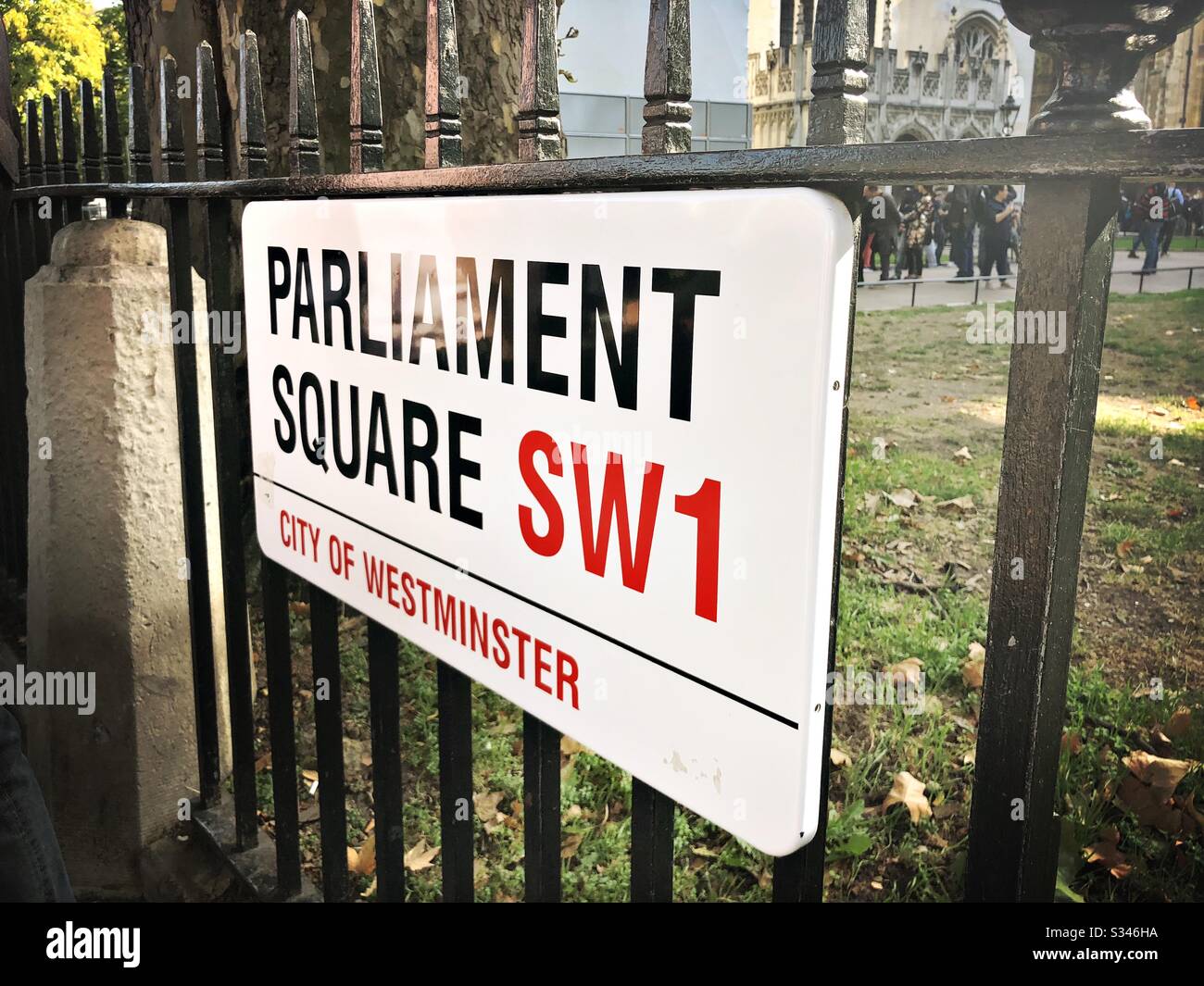 A close up and side view of a Parliament Square sign at the City of ...