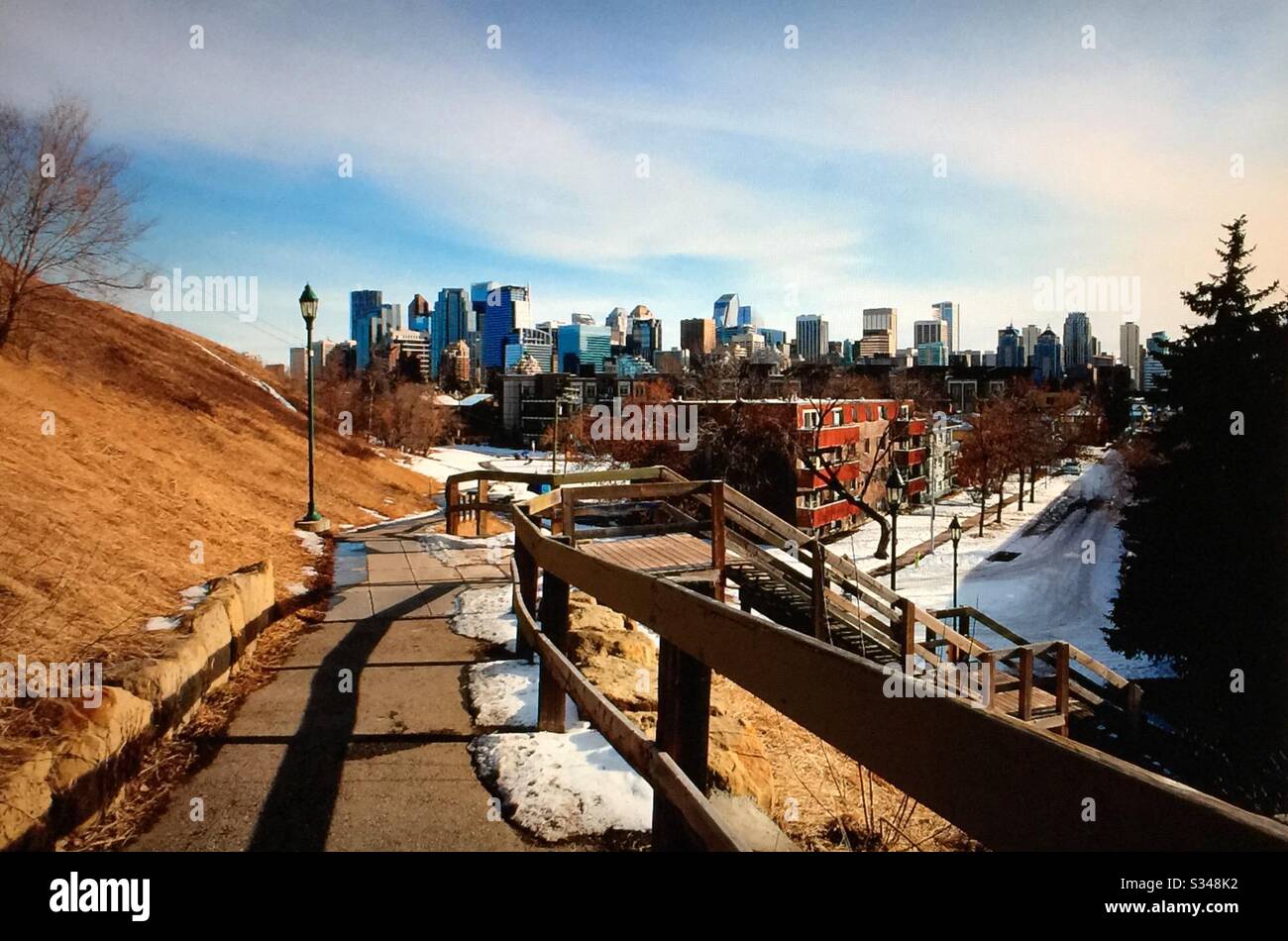 Downtown Calgary, Alberta, Canada, and foot path along 14th street ...