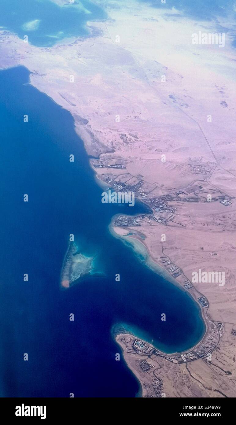 Aerial view of the Egyptian Red Sea coastline south of Hurghada Stock ...