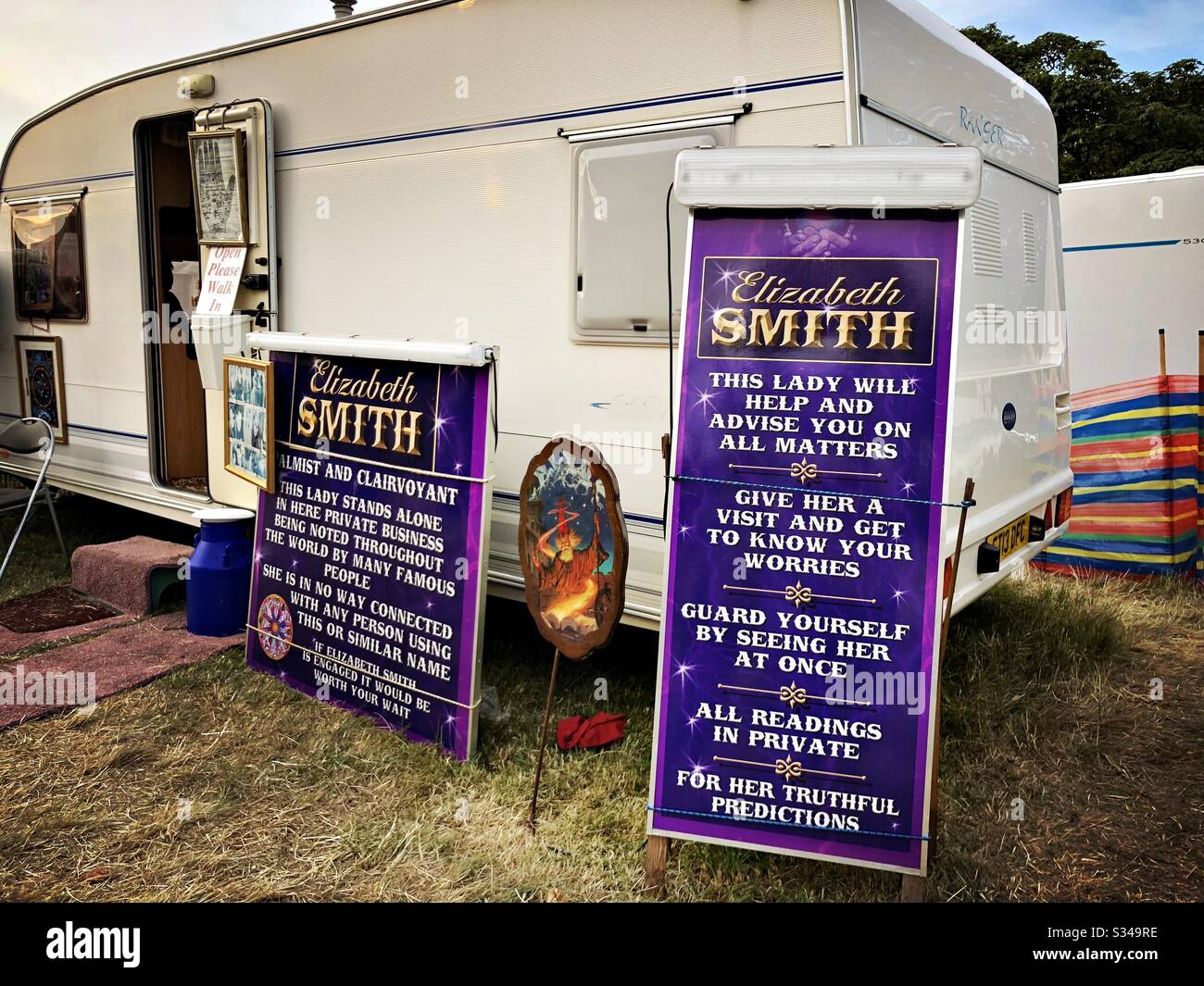 Gypsy palm reader and fortune teller caravan at a travelling fairground ...