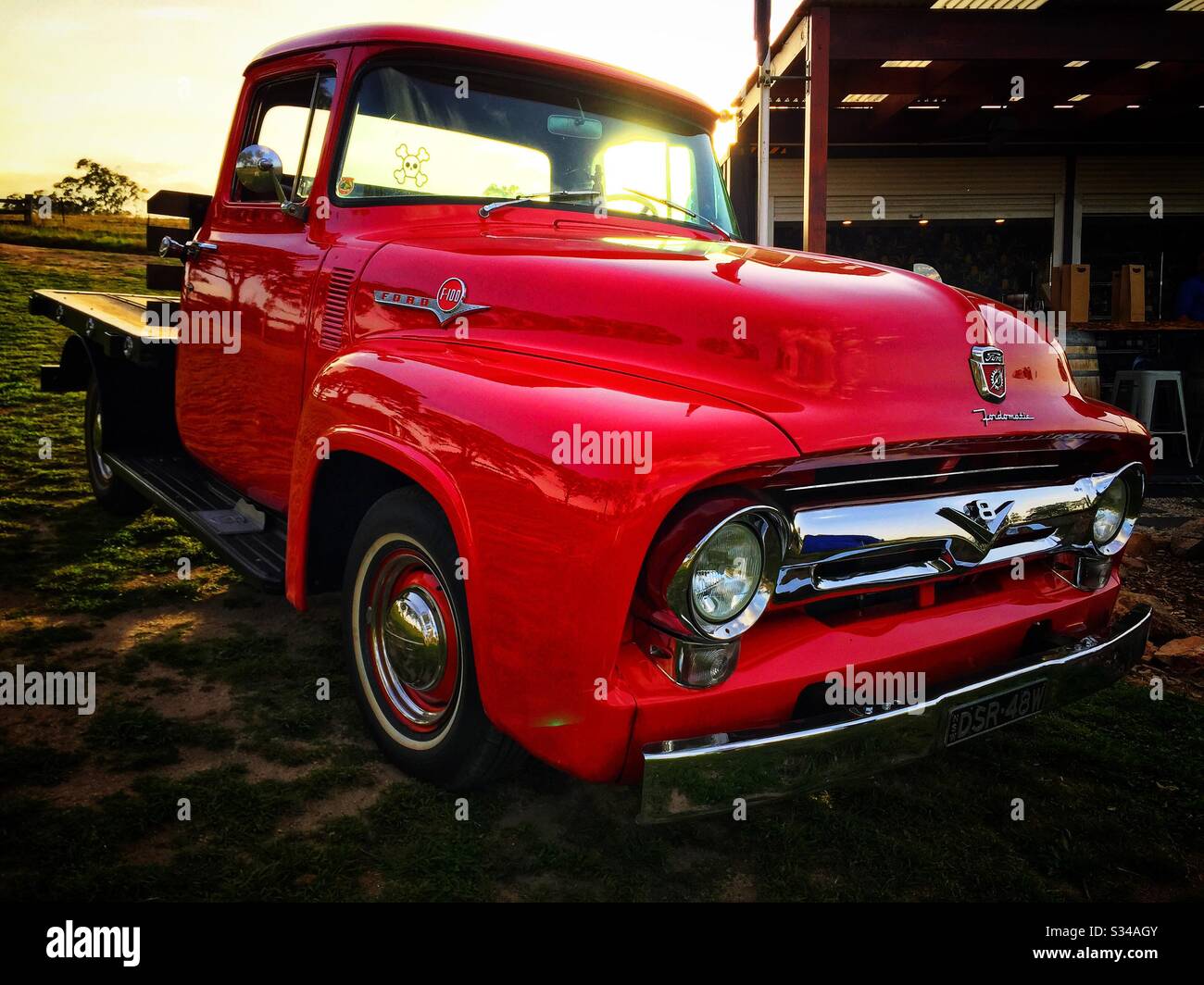 Three-quarter front view of a restored 1956 second generation V8 Ford F ...