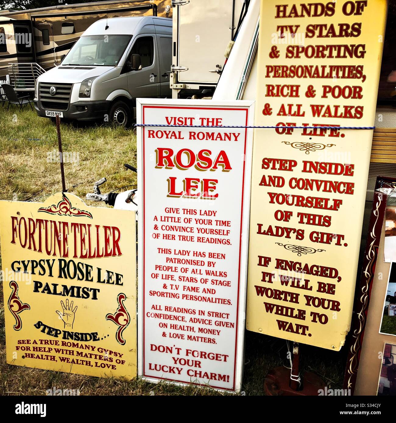 A close up view of signs by a Romany Gypsy caravan at a travelling ...