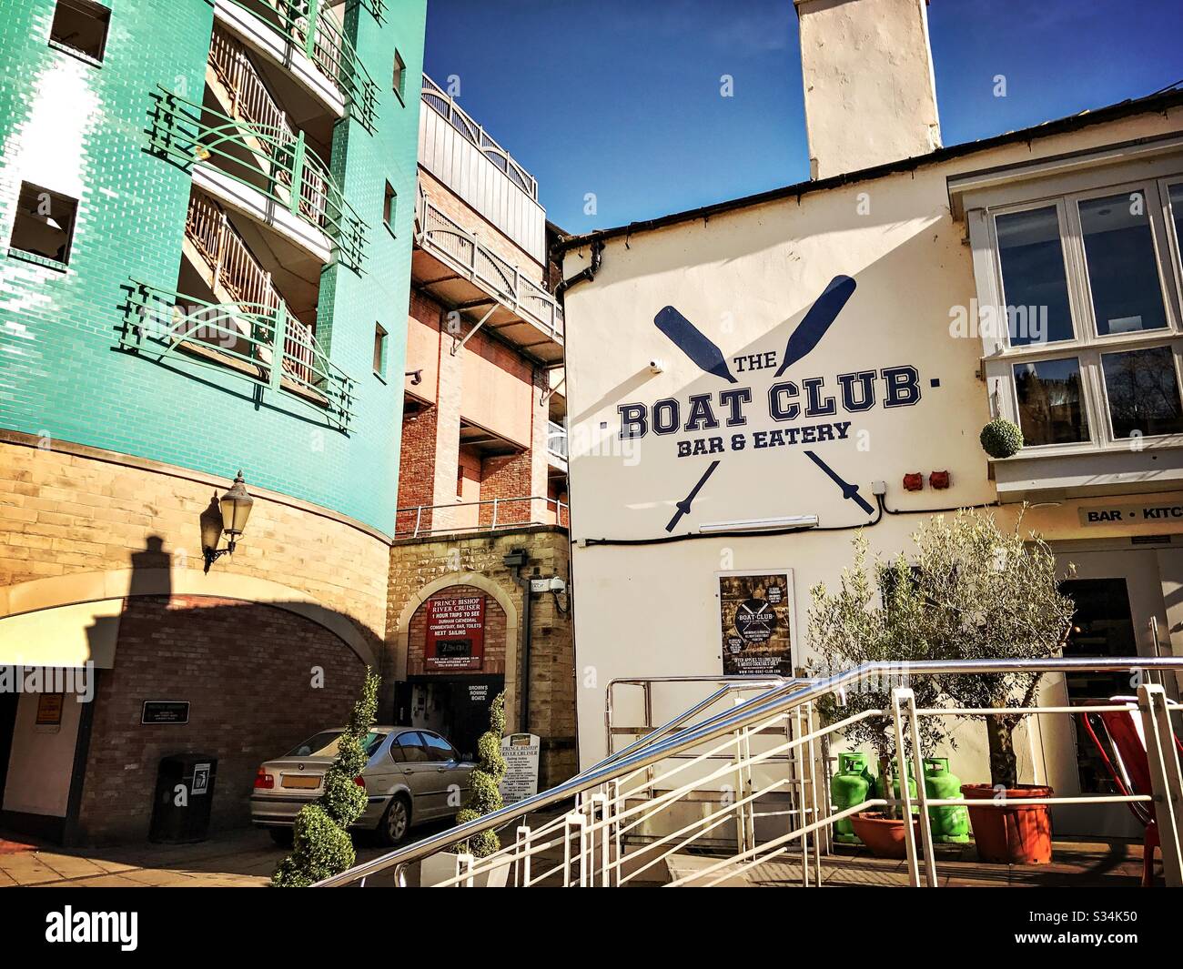 Architecture of Durham City, North East England. The Boat Club bar and ...