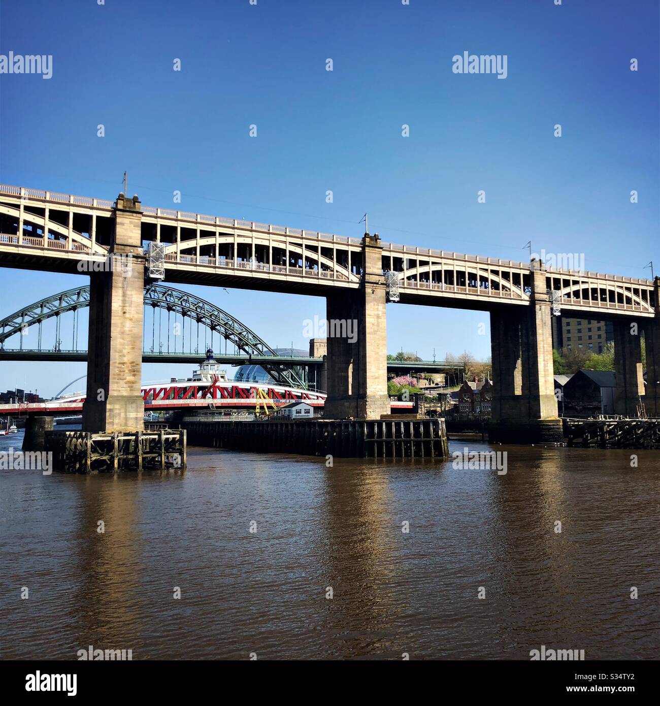 Architecture of Newcastle Quayside under a blue summer sky. Newcastle ...