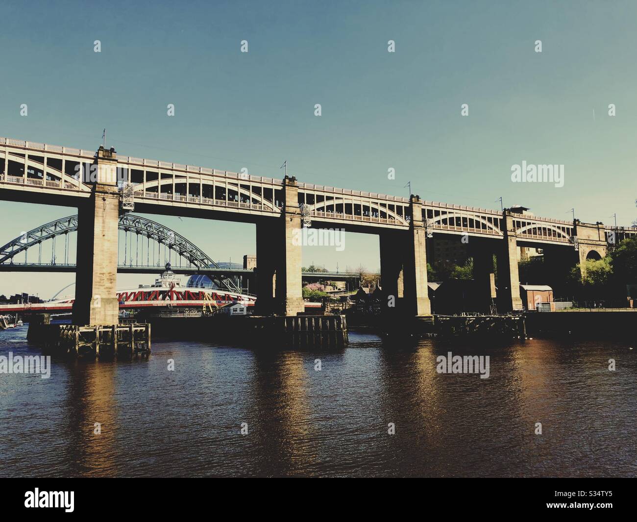 Architecture of Newcastle Quayside under a blue summer sky. Newcastle ...