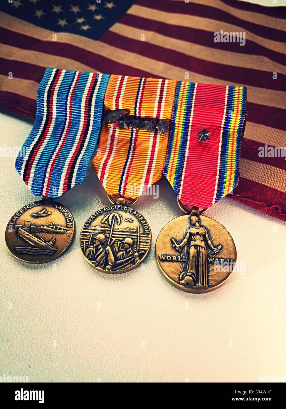 World War II Campaign medals on an American flag, USA Stock Photo - Alamy