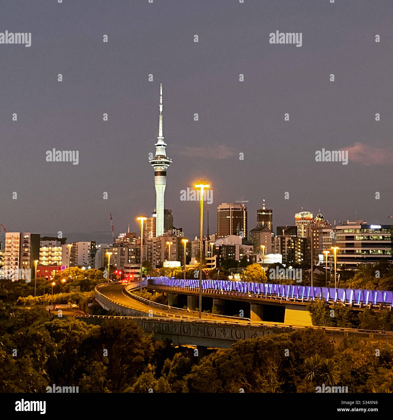 Night scene of Auckland, New Zealand, with the sky tower Stock Photo ...