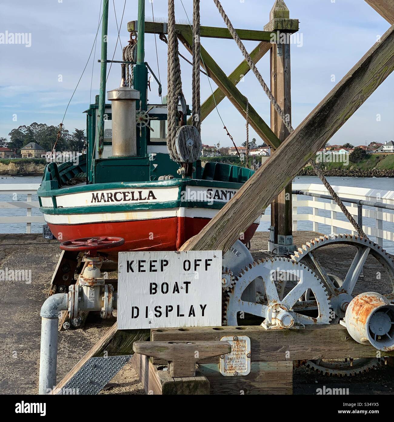 A boat displayed on the Santa Cruz Wharf, Santa Cruz, California ...