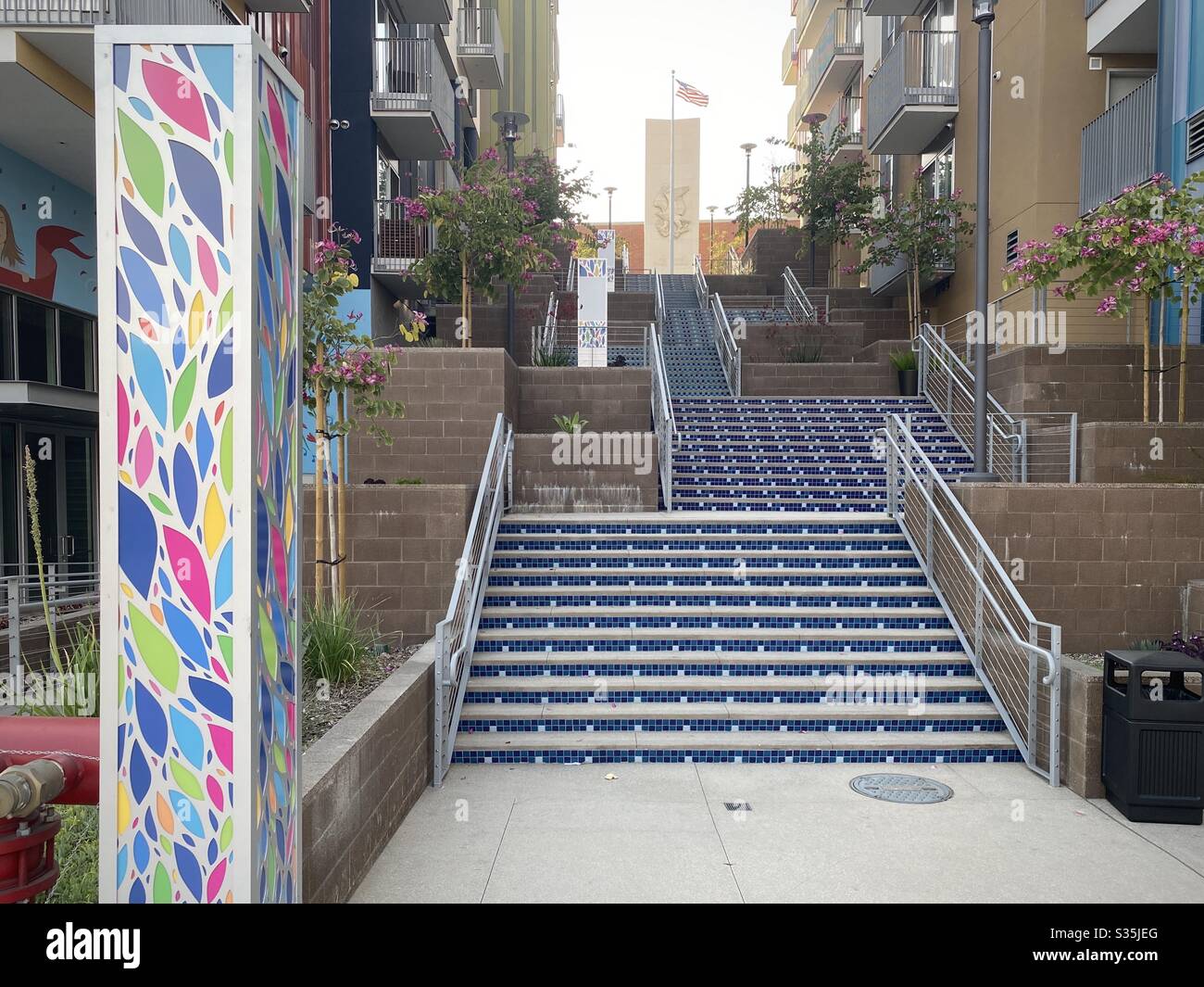 LOS ANGELES, CA, APR 2020: view from Broadway of staircase at ...