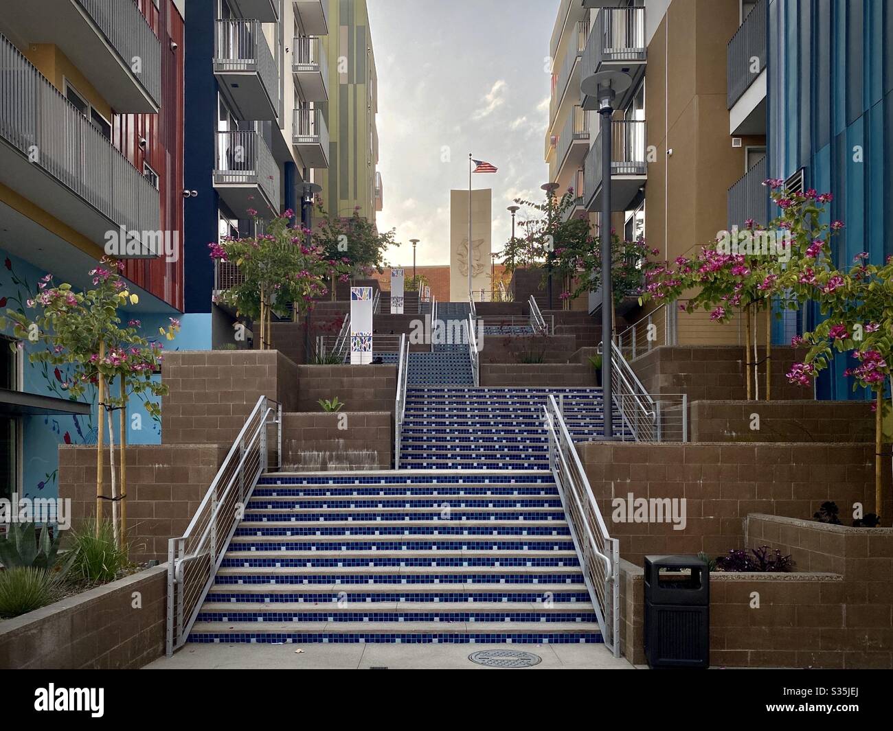 LOS ANGELES, CA, APR 2020: view from Broadway of staircase at ...