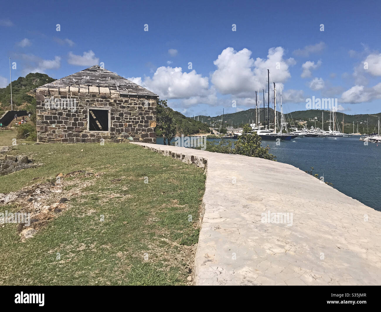 View of boats in English Harbour as seen from Fort Berkeley Guard House ...
