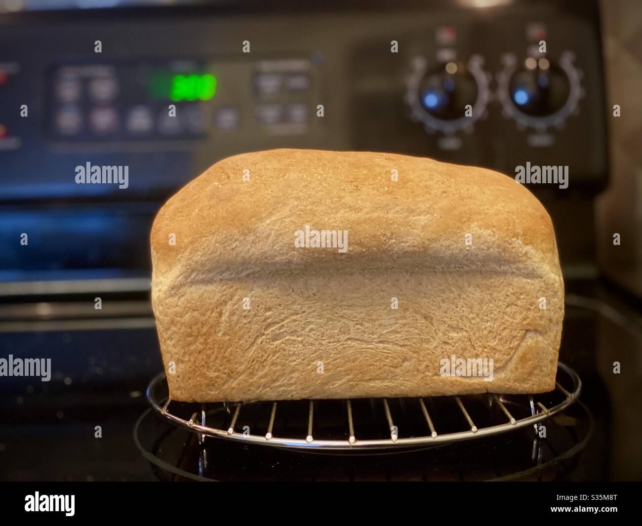 Loaf of home-made sandwich bread, cooling on rack on stove top Stock ...