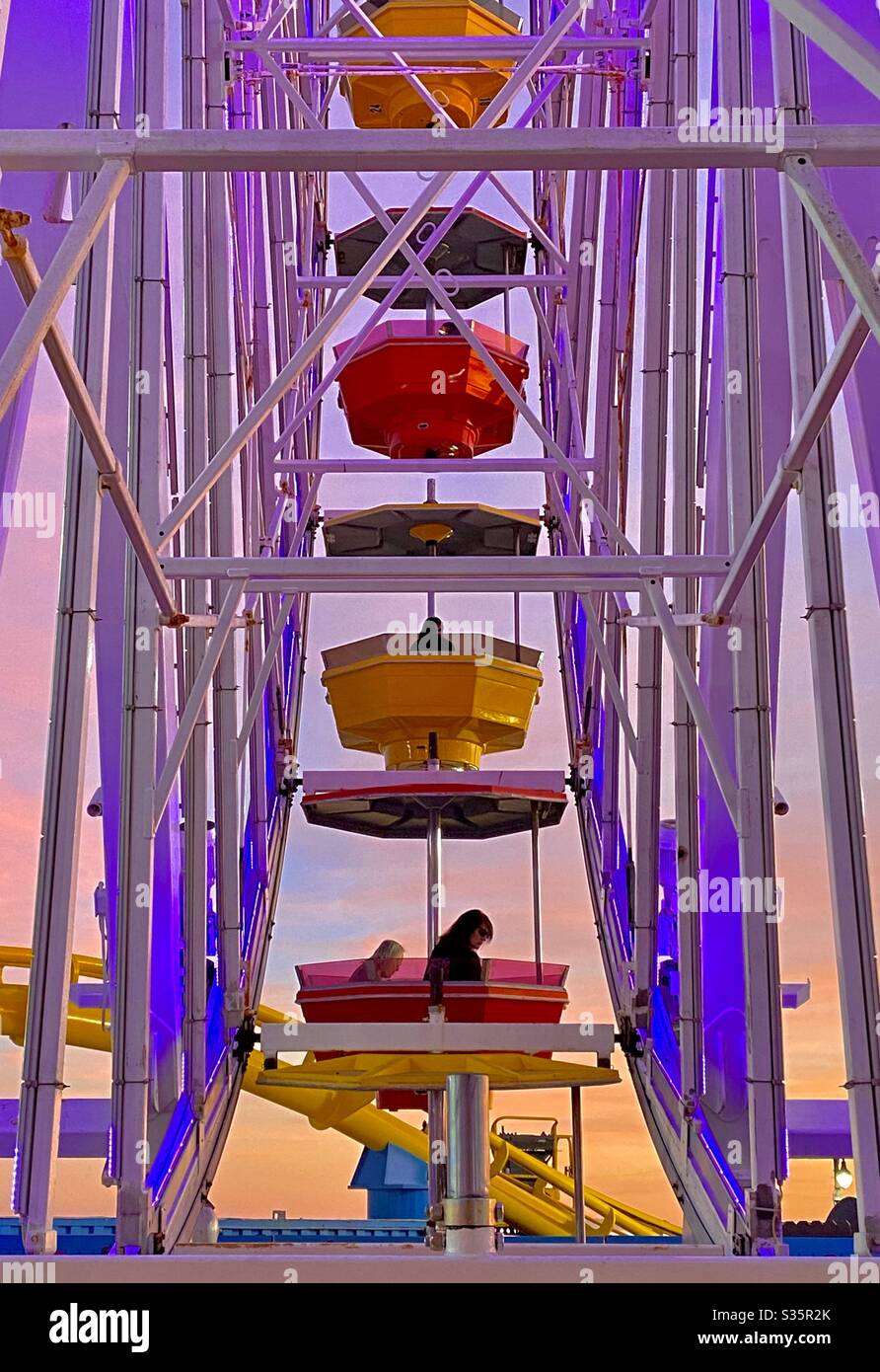 On the Ferris wheel at sunset, Pacific Park, Santa Monica Pier, Los ...