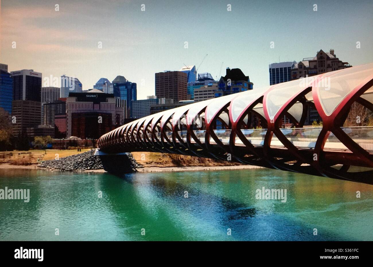 Peace Bridge, dossing the Bow River, downtown, Calgary, Alberta ...