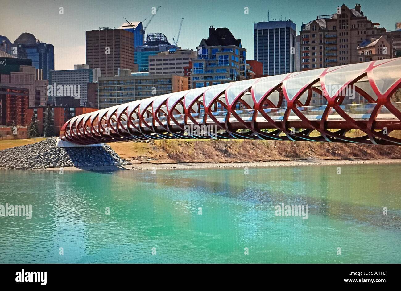 Peace Bridge, dossing the Bow River, downtown, Calgary, Alberta ...