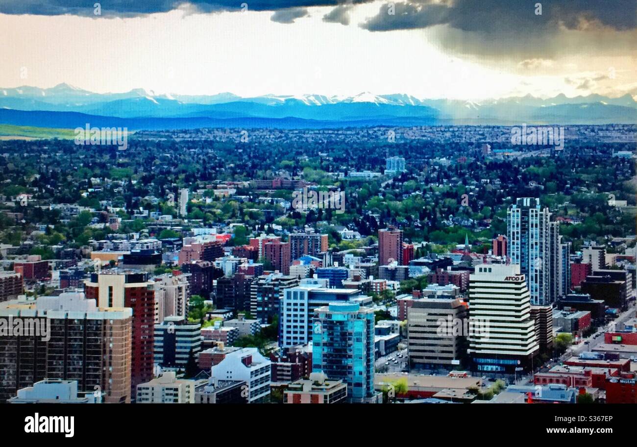 View from the Calgary Tower, city of Calgary, Canadian Rockies ...