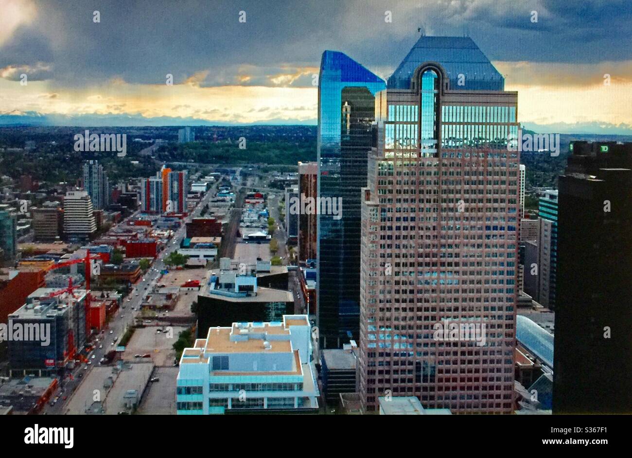 View from the Calgary Tower, city of Calgary, Canadian Rockies ...