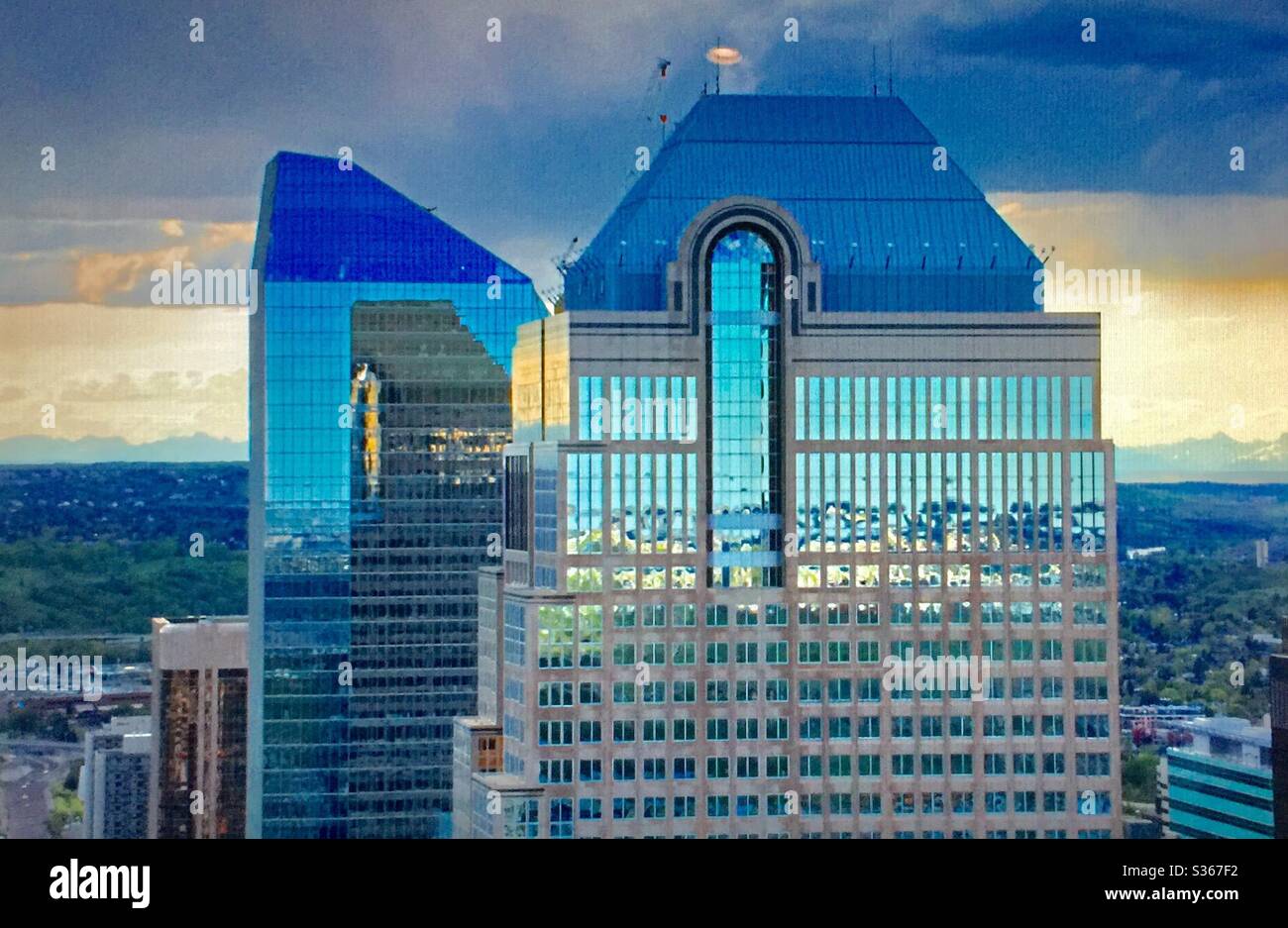 View from the Calgary Tower, city of Calgary, Canadian Rockies ...