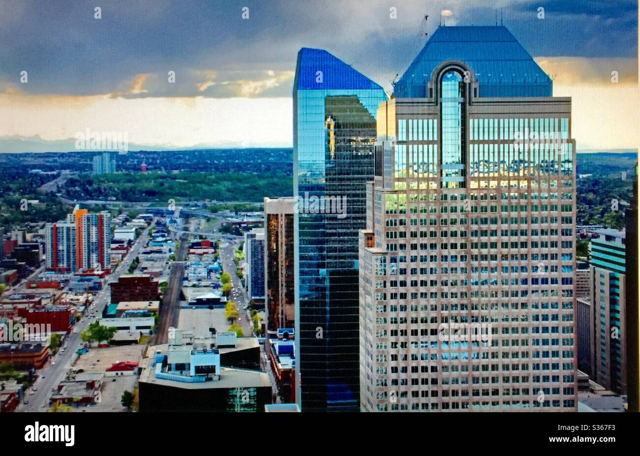 View from the Calgary Tower, city of Calgary, Canadian Rockies ...