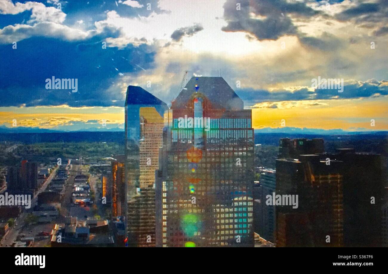 View from the Calgary Tower, city of Calgary, Canadian Rockies ...