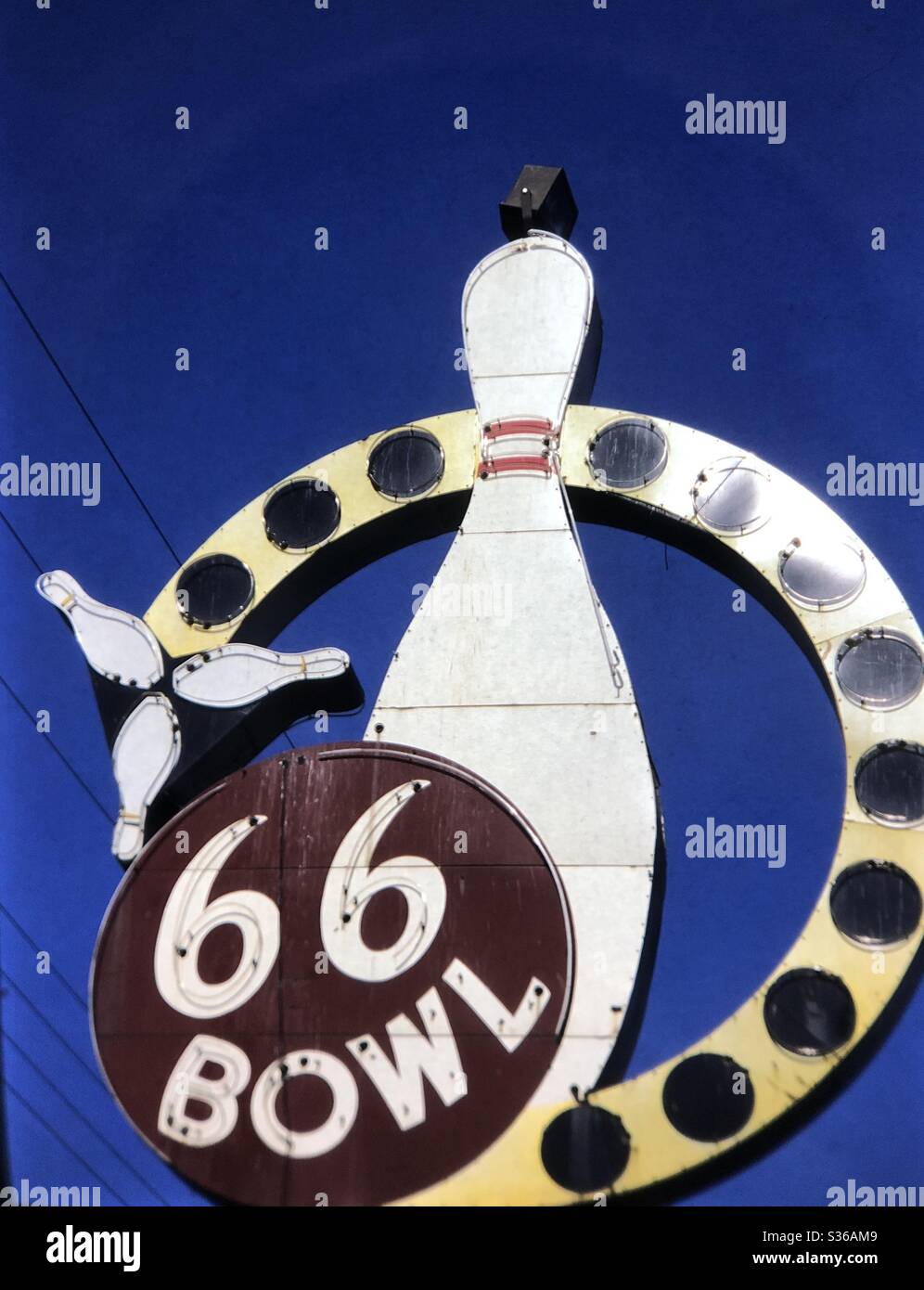 Bowling alley sign Route 66 St Louis Missouri Bright blue sky Stock ...