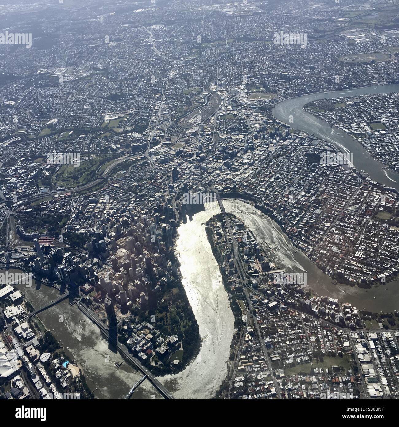 Aerial View of Brisbane City, Brisbane River, Kangaroo Point, New Farm ...