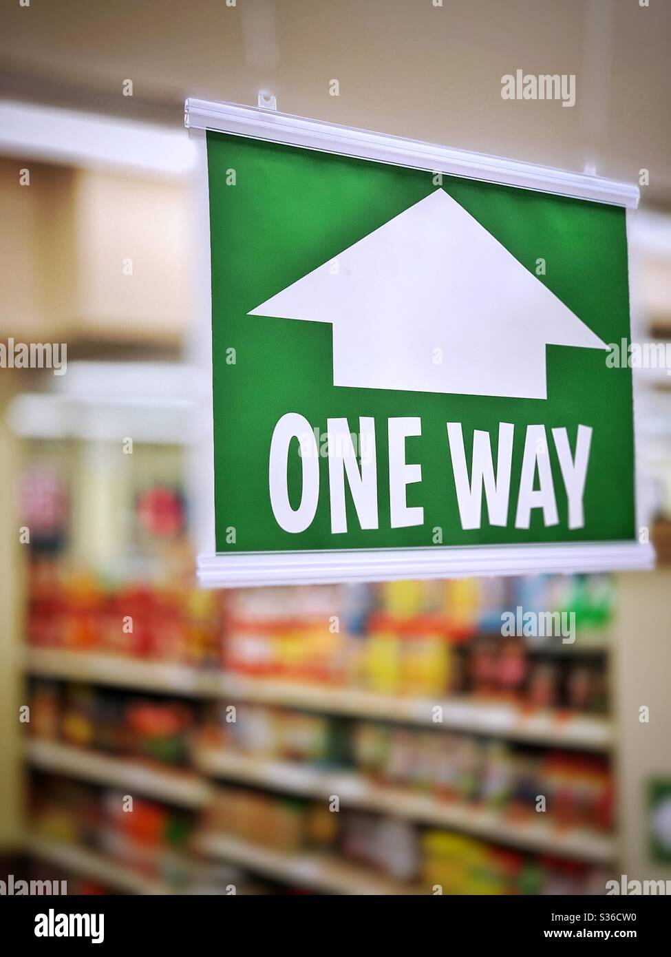 One way sign in super market food store, rules for pandemic social ...