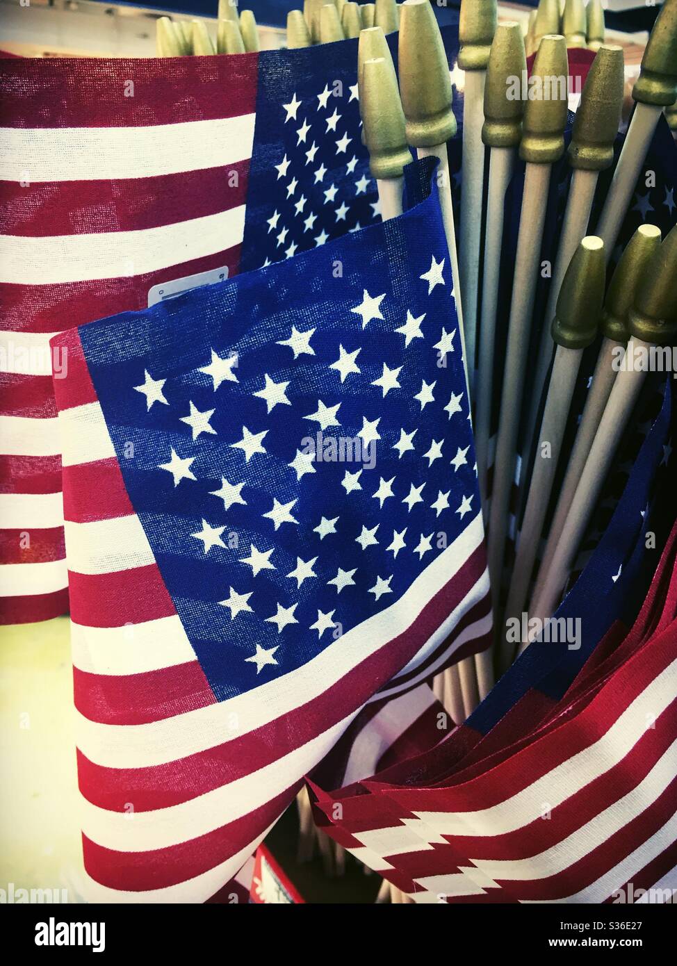Retail display of American flags for sale, memorial day 2020, USA Stock ...
