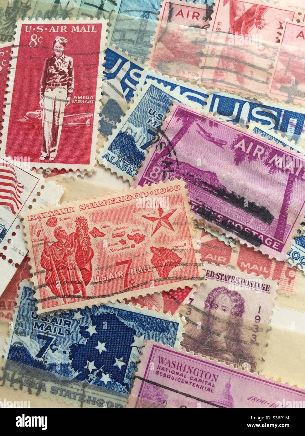 Close up of US commemorative stamps from 1959 in a stamp collector ...