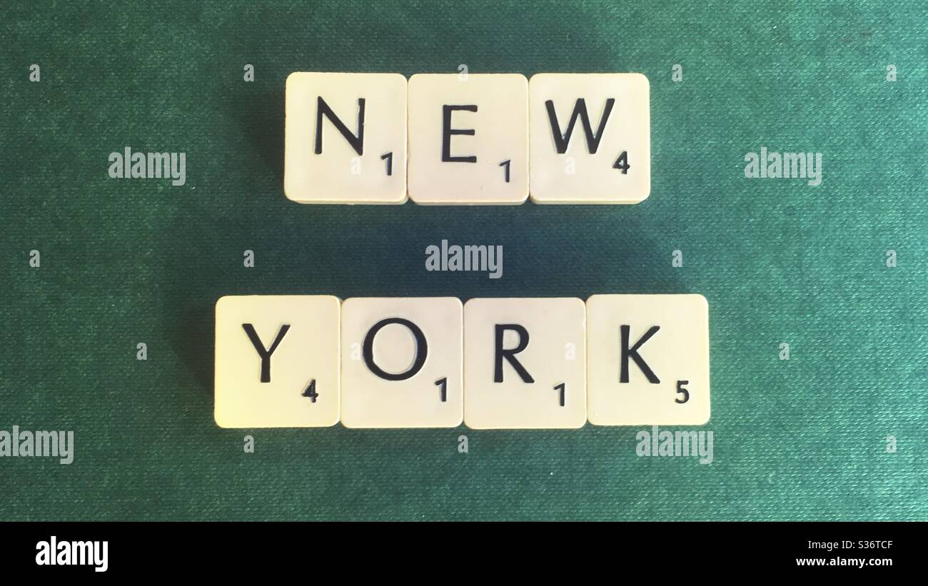 The words ‘New York’ set out in Scrabble game tiles on the green ...