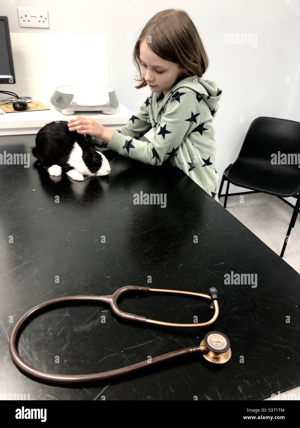 Rabbit at vets with female child Stock Photo - Alamy