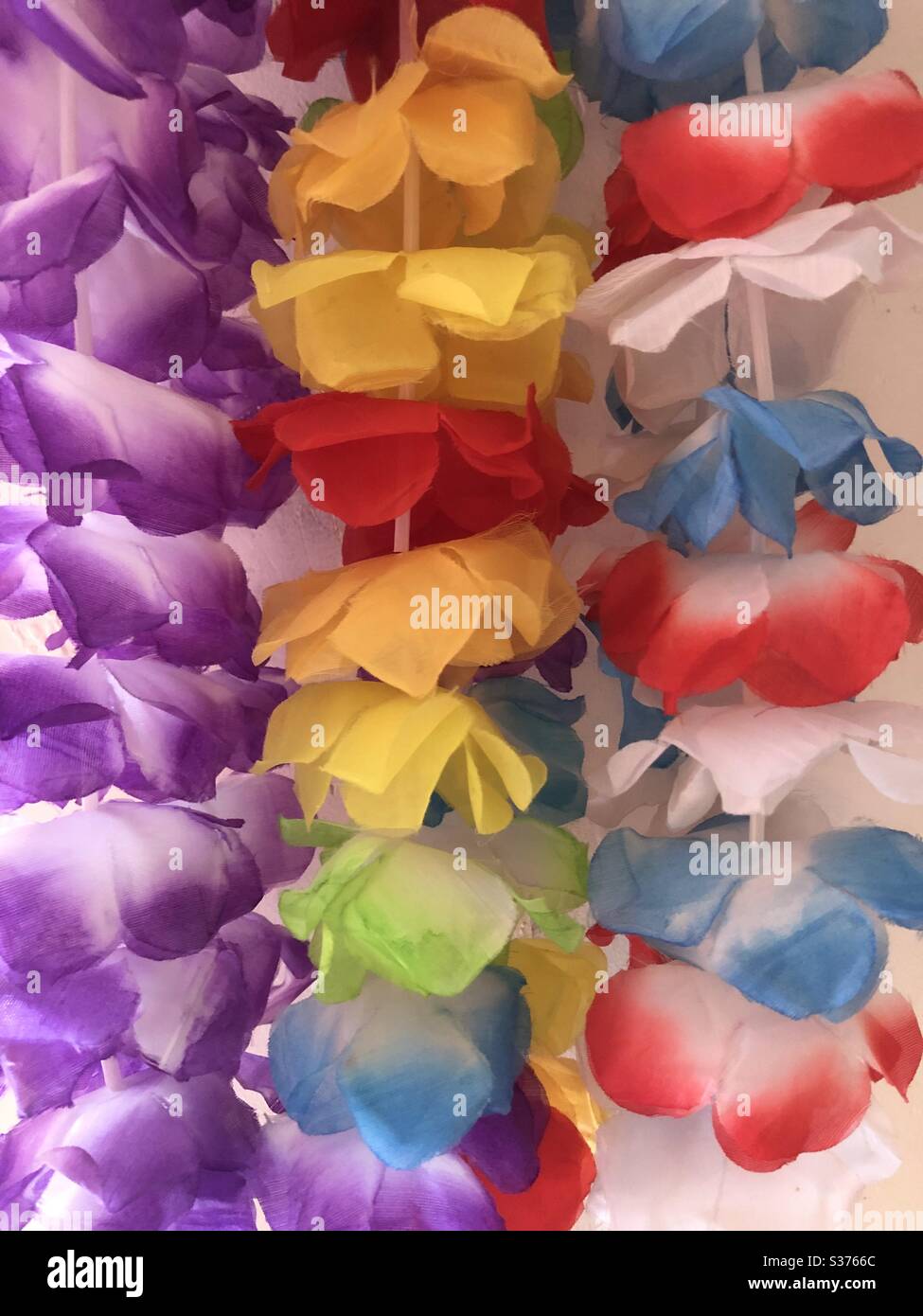 Hawaiian Lei’s, garlands, colourful flowers, hanging on a wall Stock ...