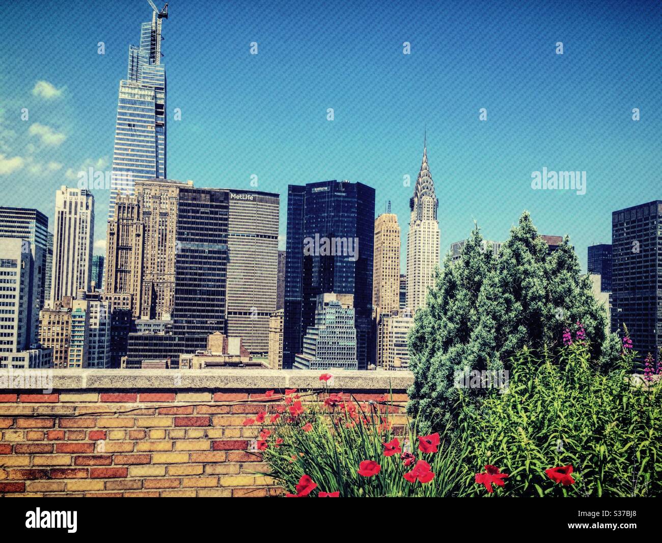 The skyline of midtown Manhattan seen from a luxury high-rise roof deck ...