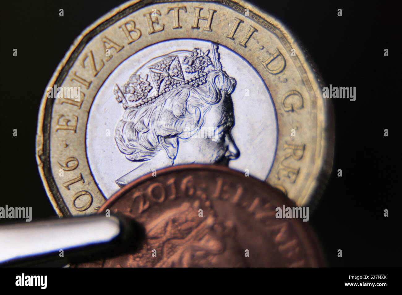 Macro image of queens head on one pound coin Stock Photo - Alamy
