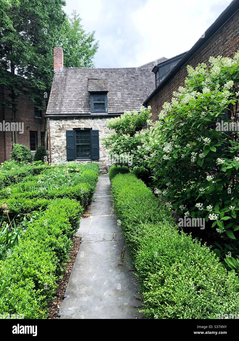 Stone cottage with boxwood hedges and hydrangeas along the path Stock ...