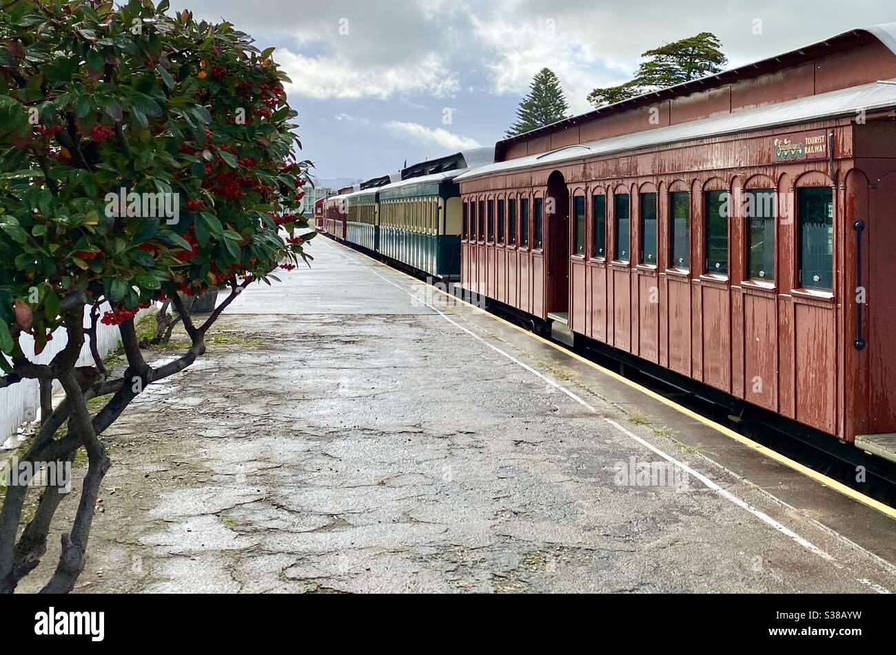 Steam Ranger train at the station in the rain, Victor Harbor, South ...